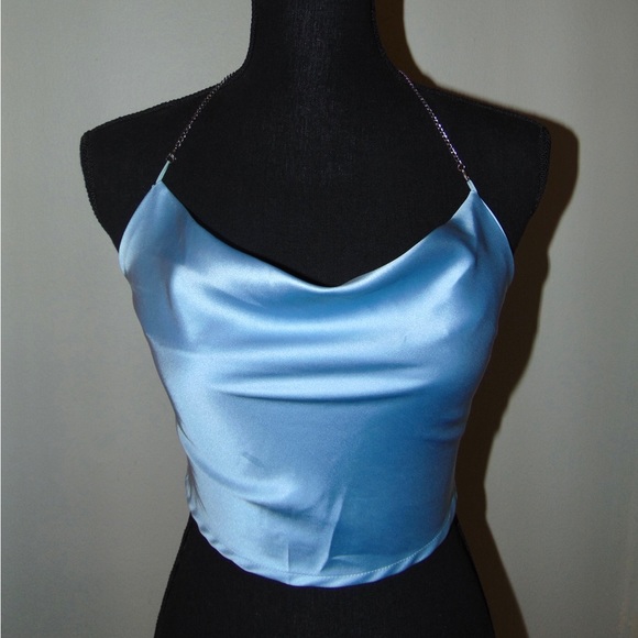 Tops | Light Blue Satin Top With Chain Strap | Poshmark